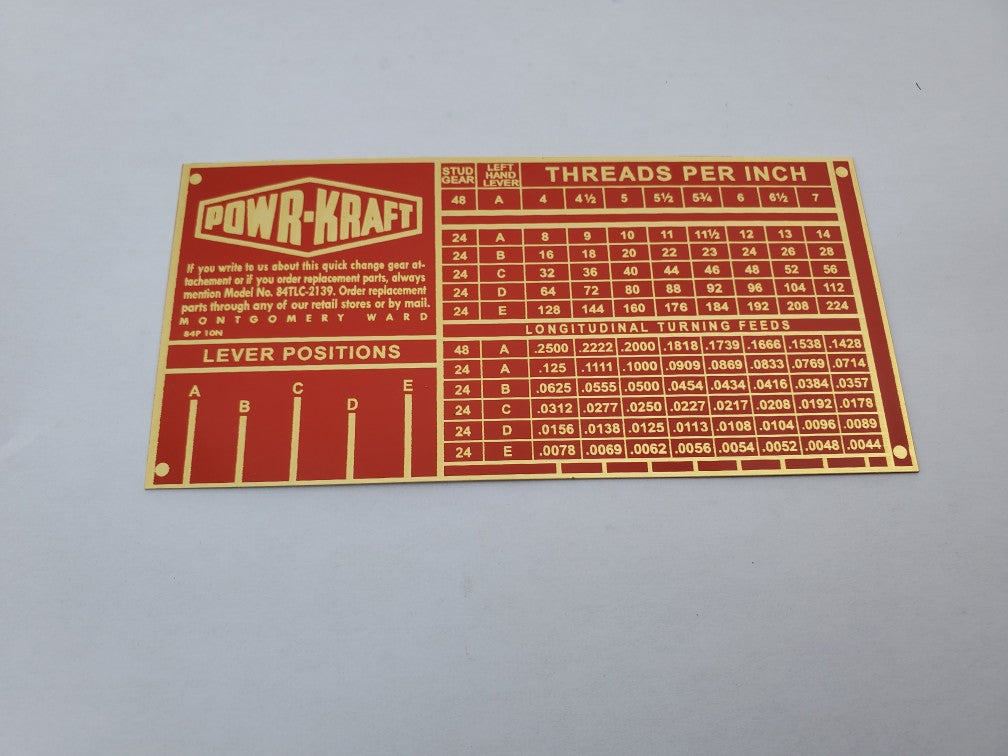 POWR-KRAFT 94TLC-2136 LATHE QUICK CHANGE GEARBOX THREAD CHART TAG LABE ...
