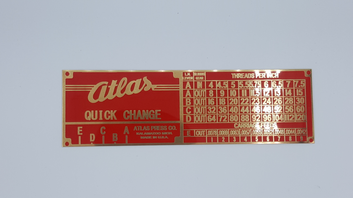 ATLAS 10 INCH LATHE QUICK CHANGE GEARBOX THREAD CHART TAG LABEL – Farm ...